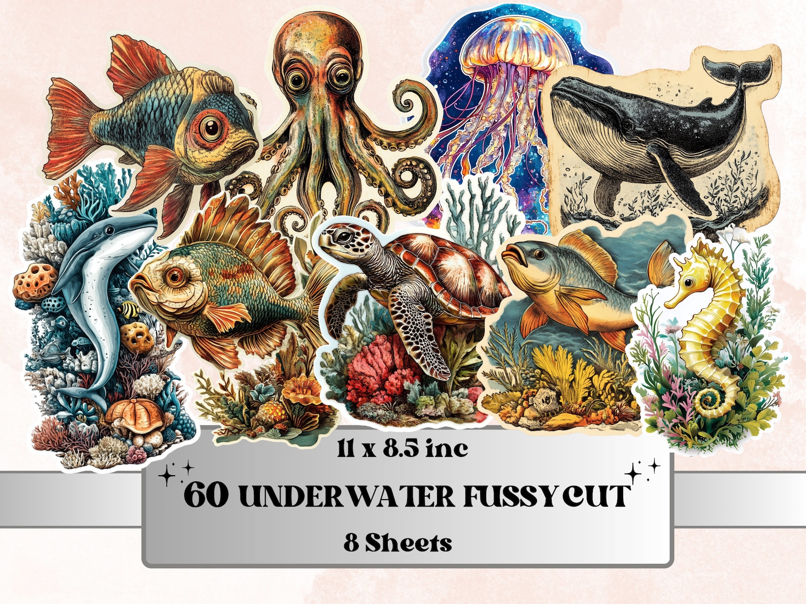 Underwater Fussy Cut Pages, Vintage Under the Sea Fussy Cut Ephemera ...