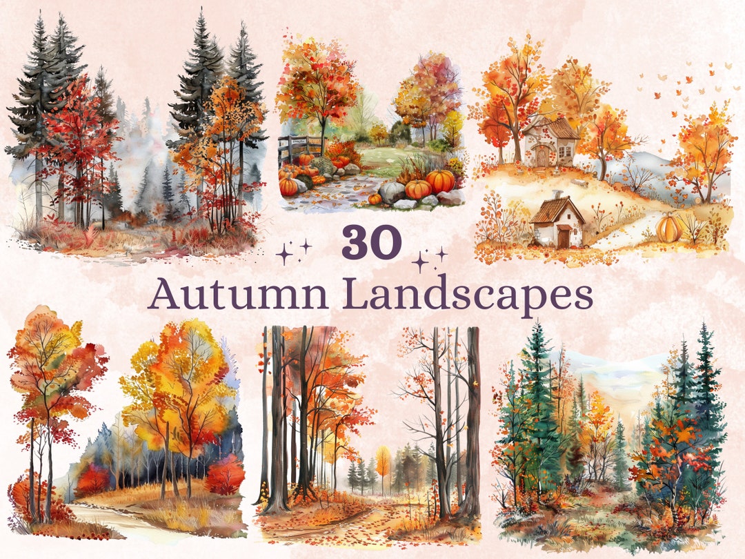 30 PNG Watercolor Autumn Landscape Clipart, Fall Forest Scenes ...