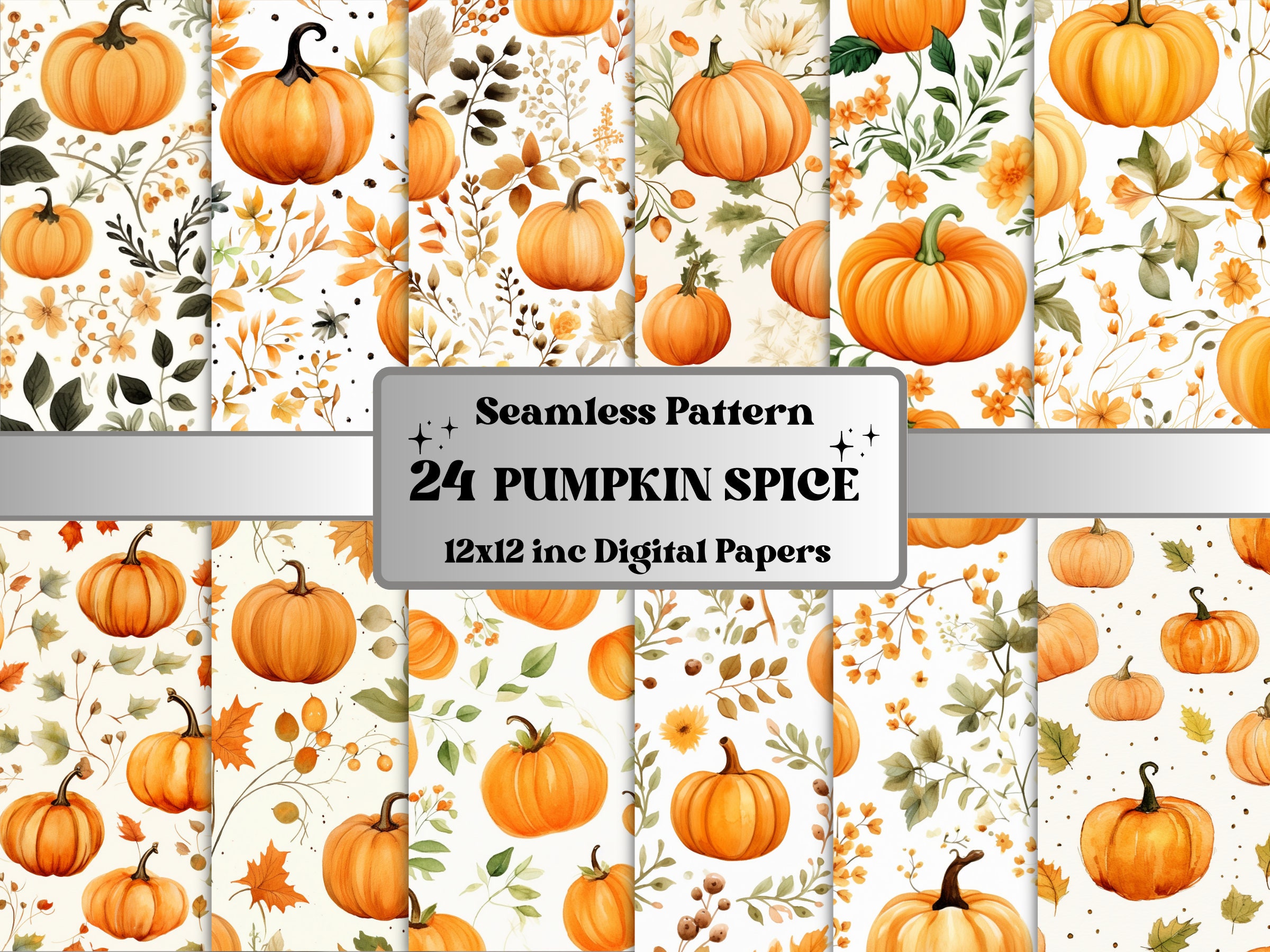 Seamless Watercolor Pumpkin Spice Digital Paper Pack, Pumpkin Harvest ...