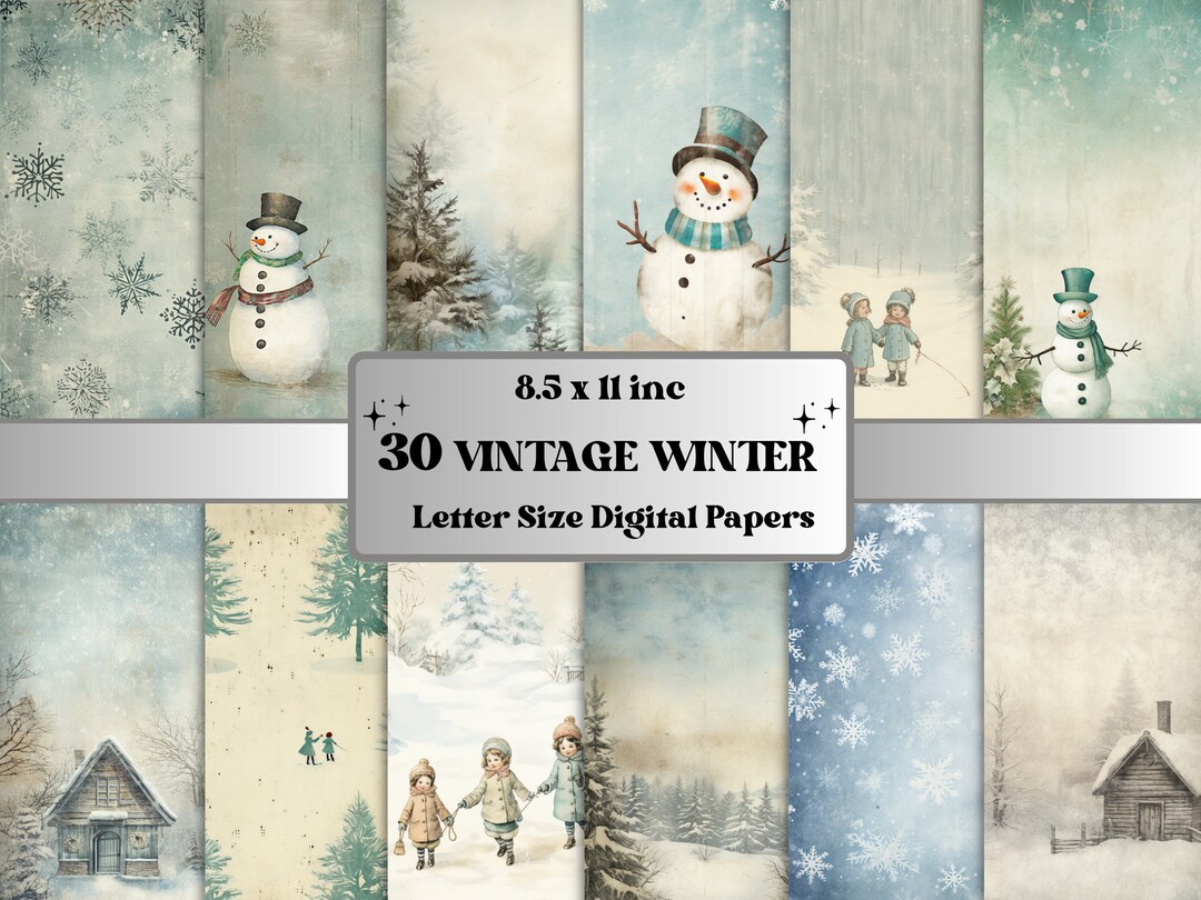 Printable Vintage Winter Digital Paper, Winter Wonderland Ephemera ...