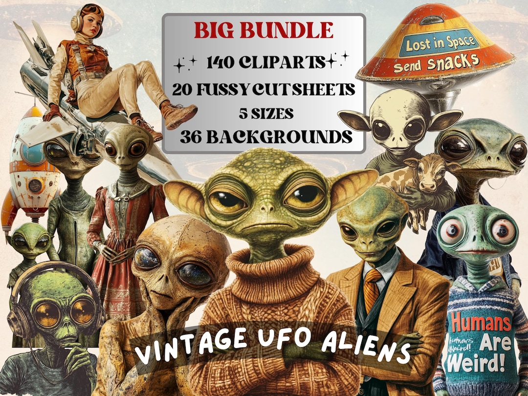 Vintage UFO Aliens Collage Set, Whimsical Surreal Celestial Cut Outs ...