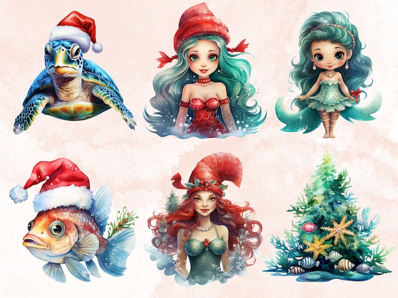 40 PNG Watercolour Christmas Mermaid Clipart, Christmas Underwater ...