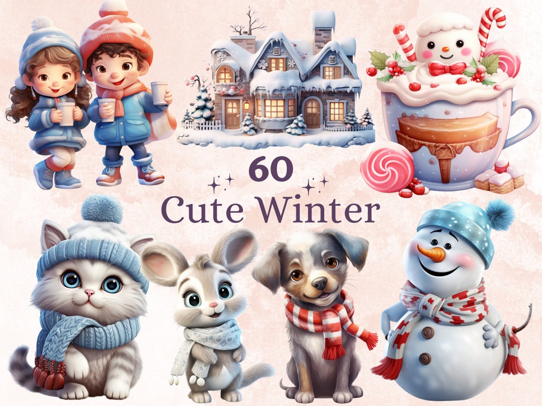 60 PNG Watercolor Cute Winter Clipart, Cozy Kawaii Winter Animal ...