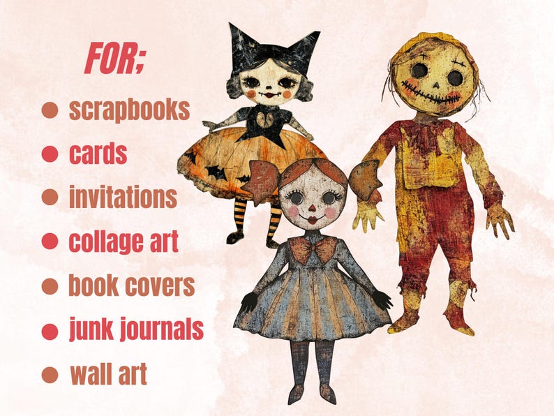Whimsical Halloween Kids Mixed Media Clipart, Spooky Doll Fussy Cut ...