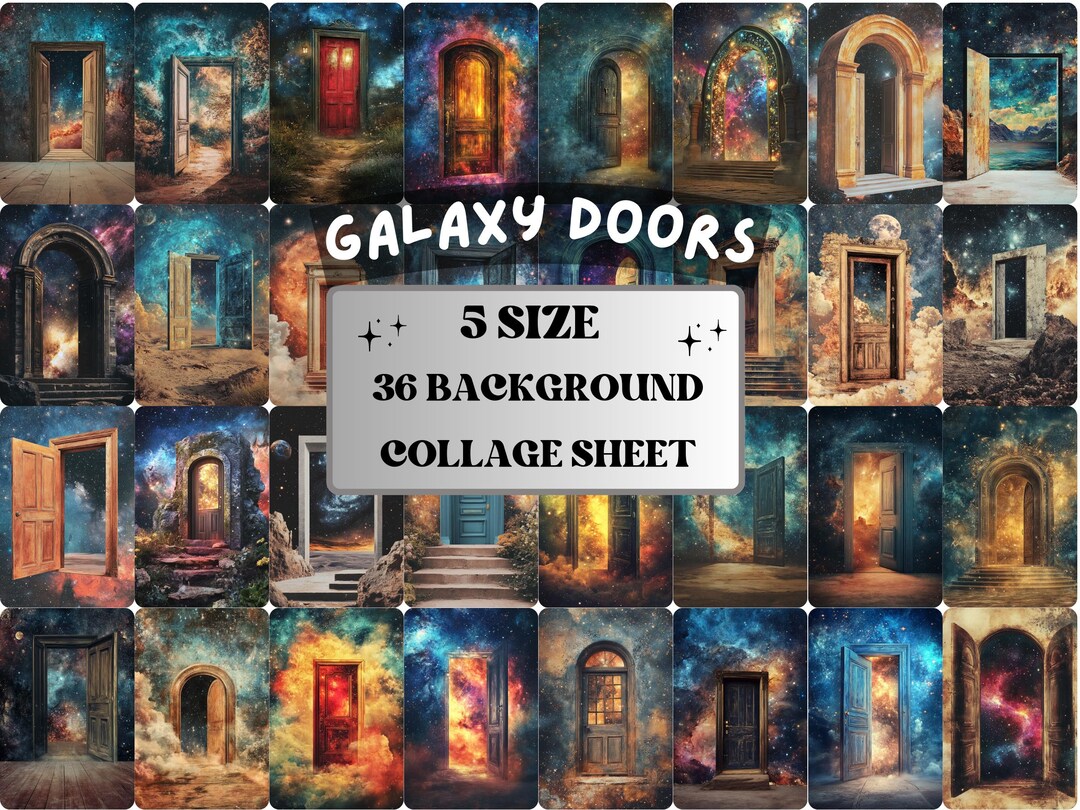Galaxy Door Collage Paper, Surreal Mixed Media Sheet, Celestial Door ...