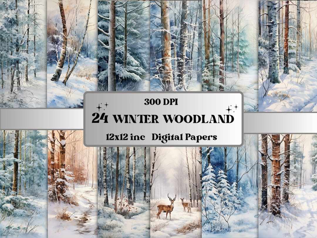 Printable Winter Woodland Landscape Digital Paper, Winter Wonderland ...