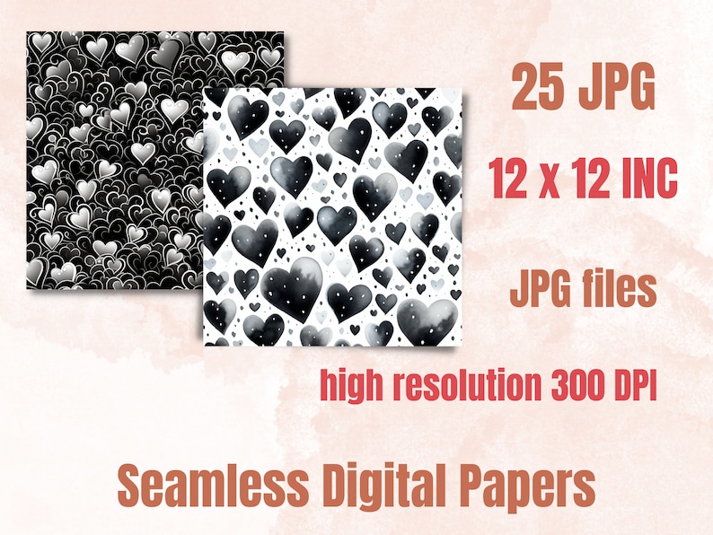 Seamless Black White Valentine's Day Digital Paper, Romantic Valentine ...