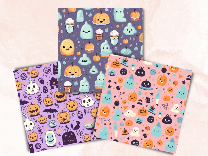 Printable Cute Creepy Halloween Digital Paper, Happy Halloween Kawaii ...
