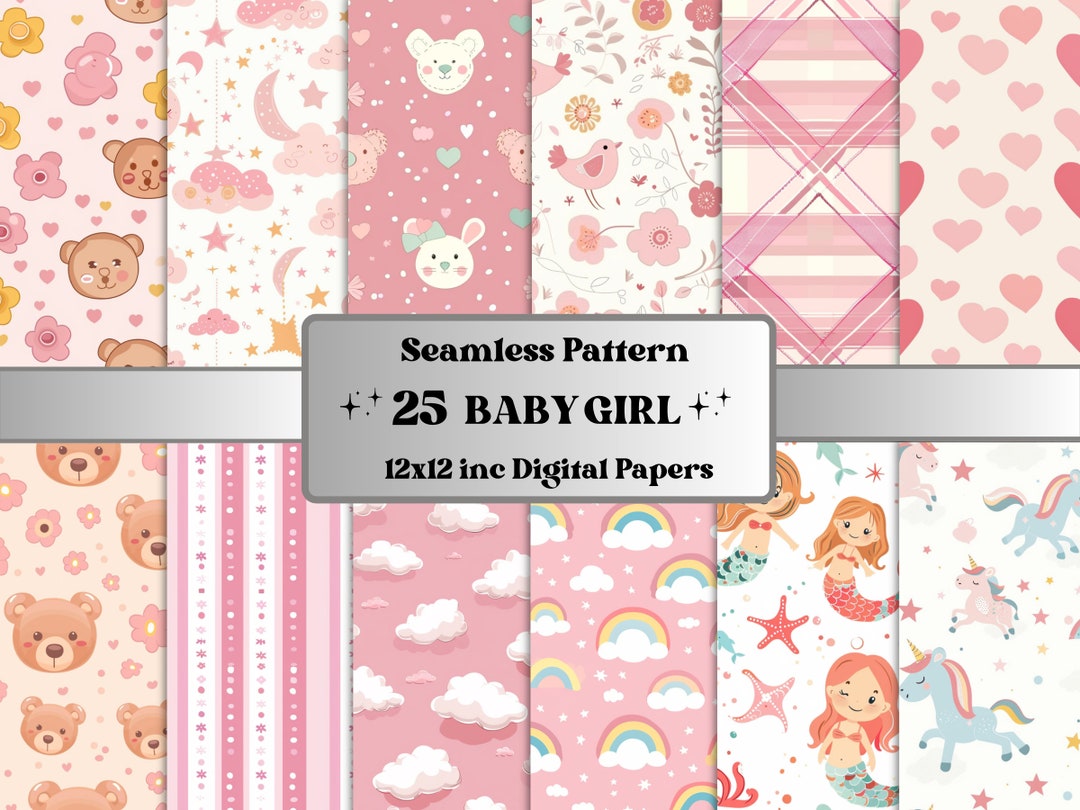 Seamless Baby Girl Pattern Paper, Pink Baby Girl Nursery Ephemera ...