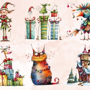 50 PNG Watercolor Quirky Christmas Bundle Clipart, Whimsical Christmas ...