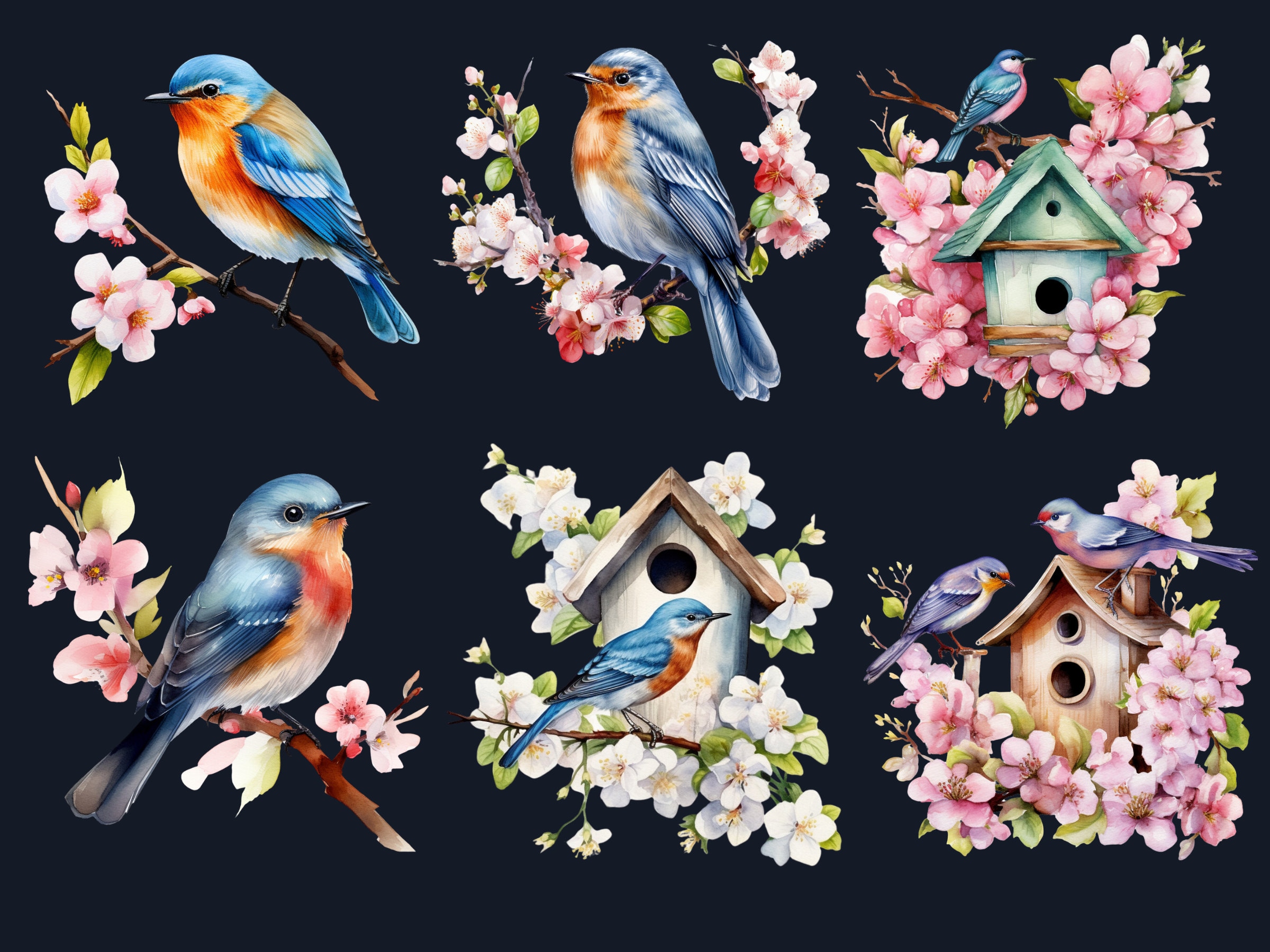 40 PNG Watercolor Spring Birds Clipart, Floral Spring Birdhouse ...