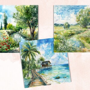 Watercolor Summer Scenes Digital Paper, Printable Tropical Summer Beach ...