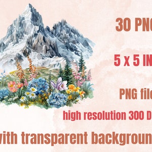 30 PNG Watercolor Spring Mountain Clipart, Floral Spring Scenes ...