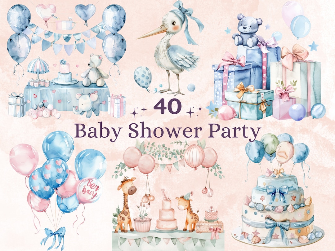 40 PNG Watercolor Baby Shower Clipart, Gender Reveal Party Illustration ...