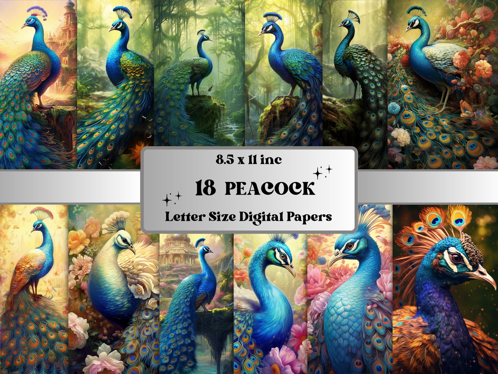 Printable Fantasy Peacock Digital Paper, Peacock Feathers Background ...