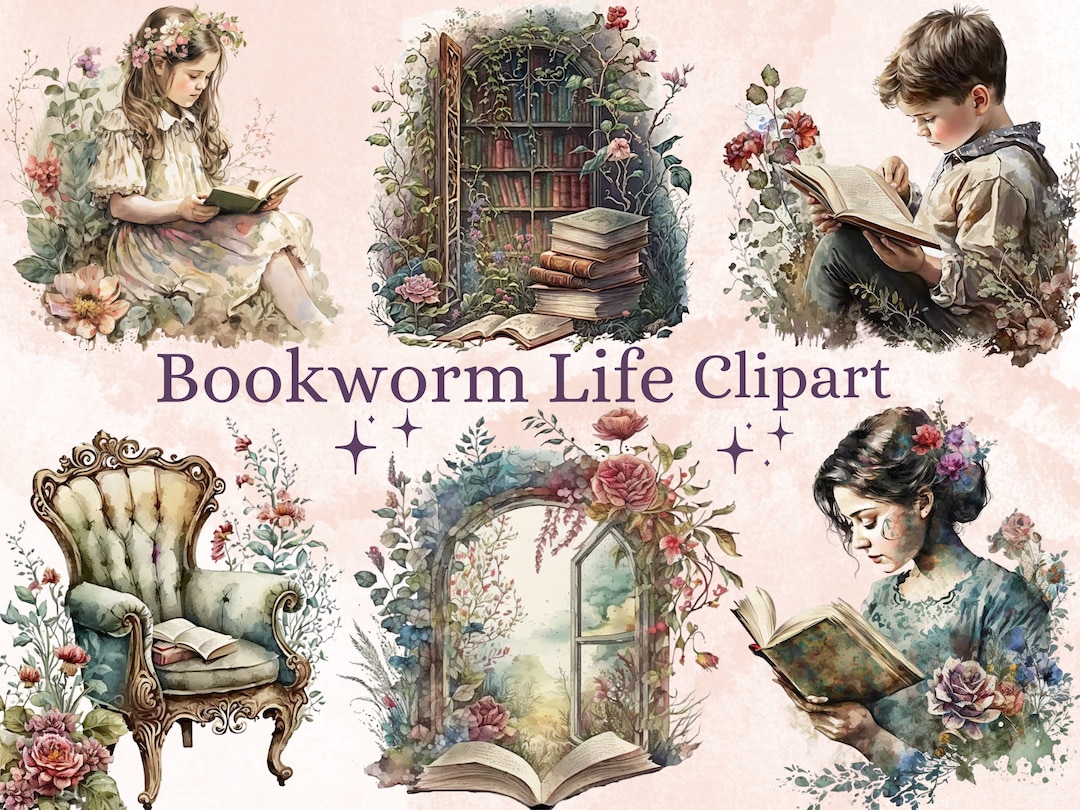 30 PNG Watercolor Bookworm Life Clipart, Booklover Clip Art Bundle ...