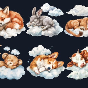 50 PNG Watercolor Sleeping Animals Clipart, Woodland Baby Shower ...