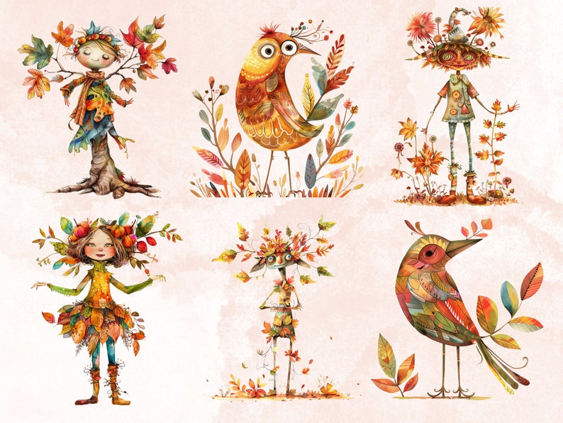 50 PNG Watercolor Quirky Autumn Bundle Clipart, Whimsical Fall Girl ...