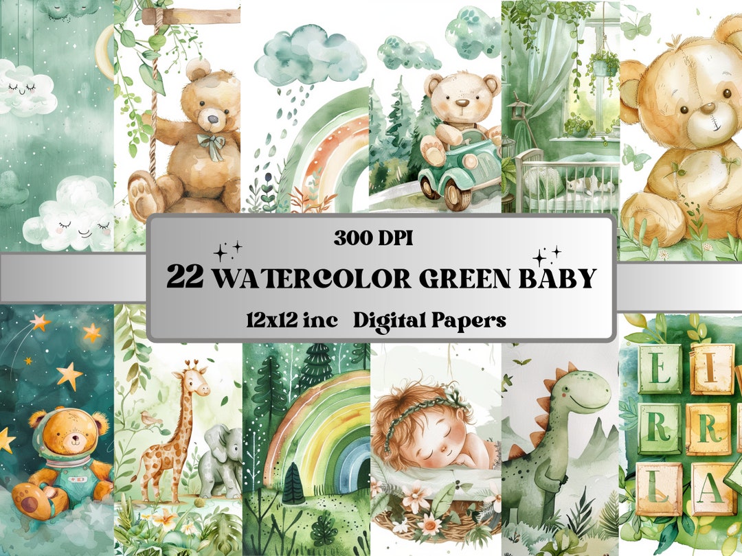 Printable Watercolor Green Baby Paper, Green Baby Nursery Background ...