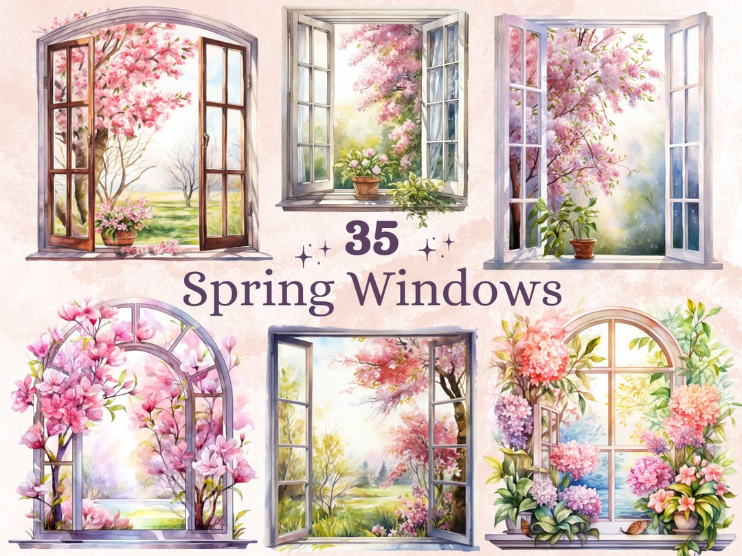 35 PNG Watercolor Spring Windows Clipart, Pink Floral Spring ...