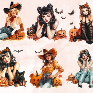 25 PNG Watercolor Vintage Halloween Pin up Girls Clipart, Retro ...