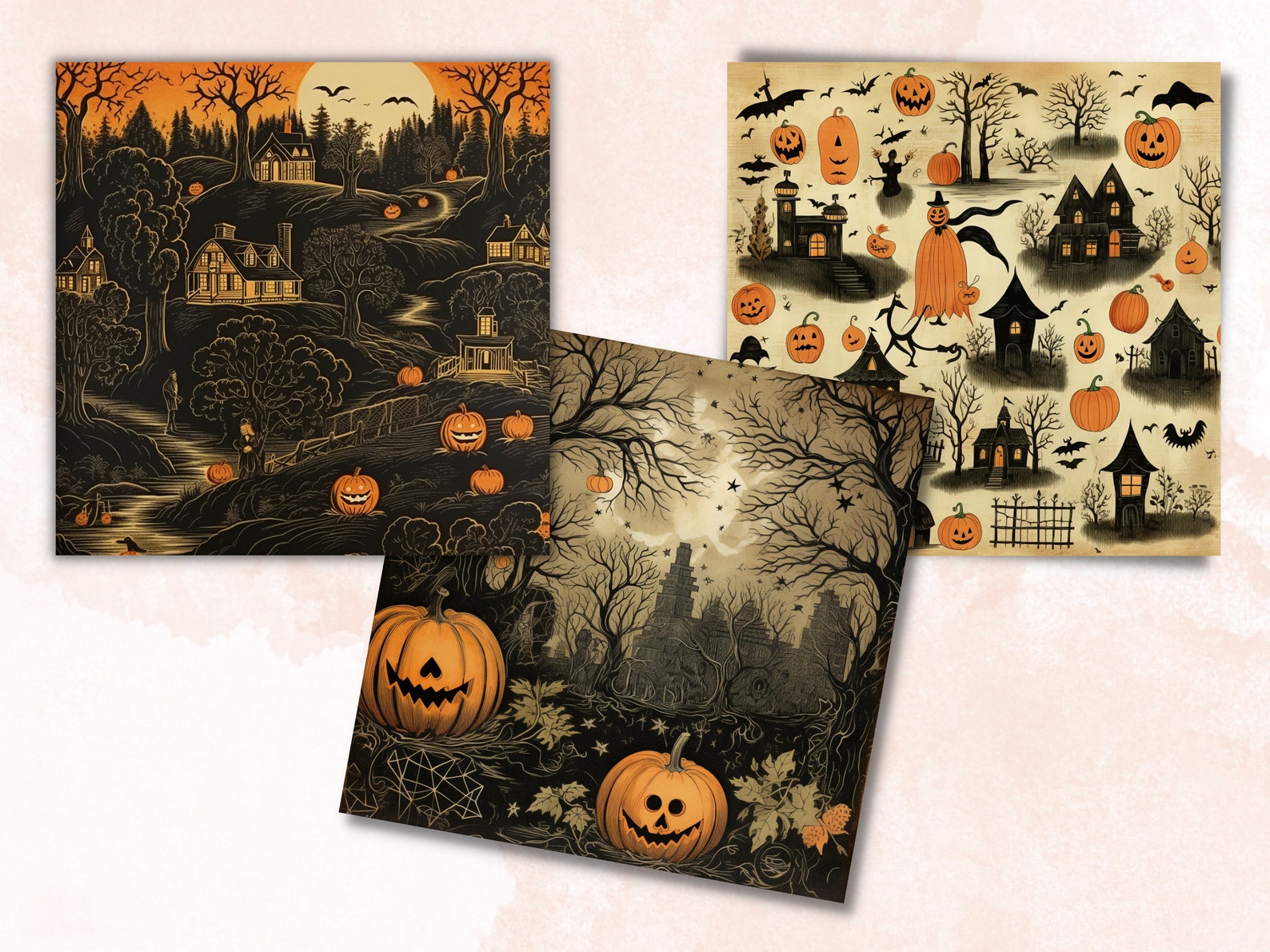 Printable Vintage Creepy Halloween Digital Paper, Halloween Ephemera ...