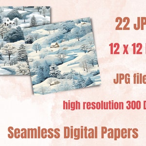 Seamless Winter Scenery Digital Paper Pack, Snowy Landscape Repeating ...