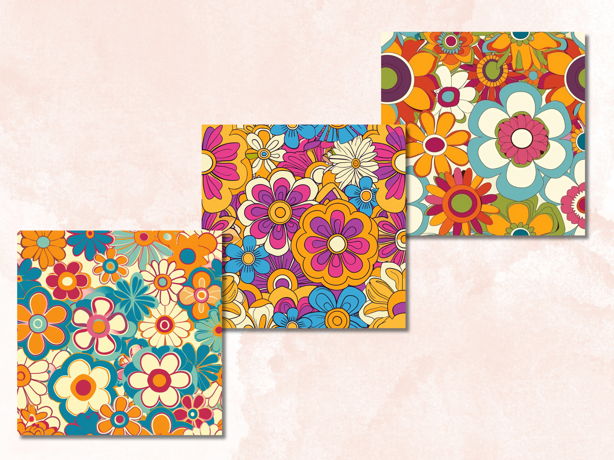 Seamless Retro Groovy Spring Flowers Digital Paper, Hippie Seamless ...