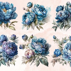 20 PNG Watercolor Blue Peonies Clipart, Blue & Navy Peony Clip Art ...