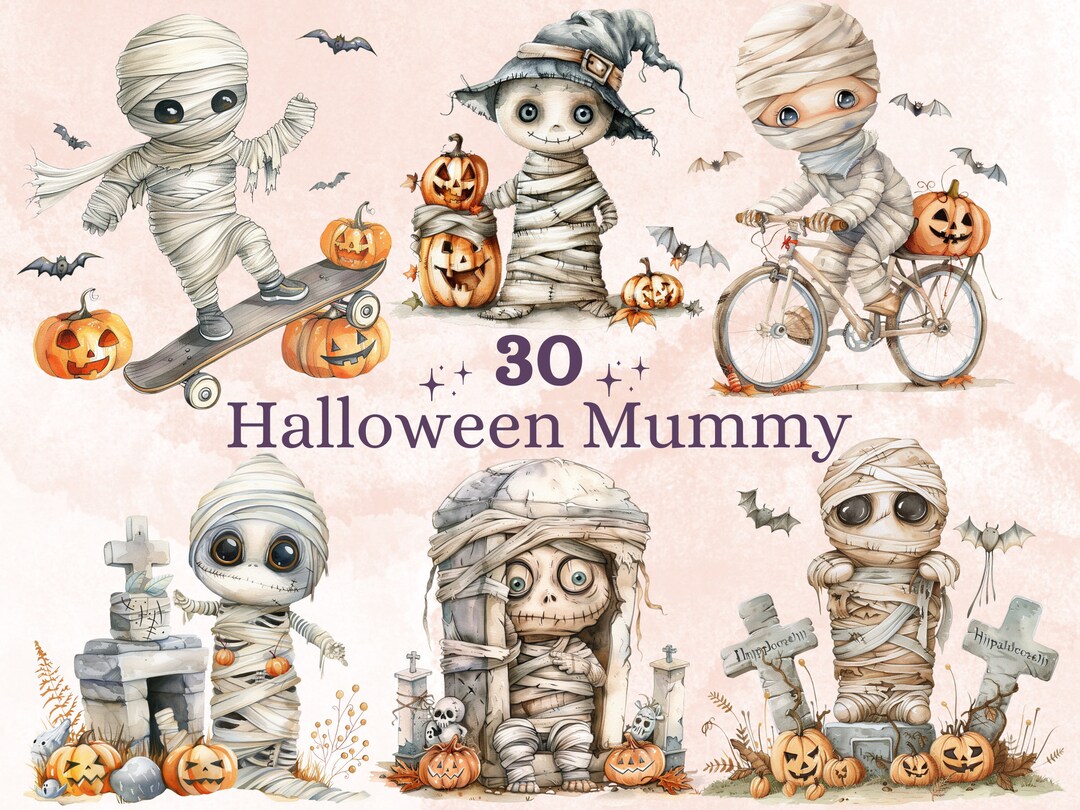 30 PNG Watercolor Halloween Mummy Clipart, Cute Creepy Halloween ...