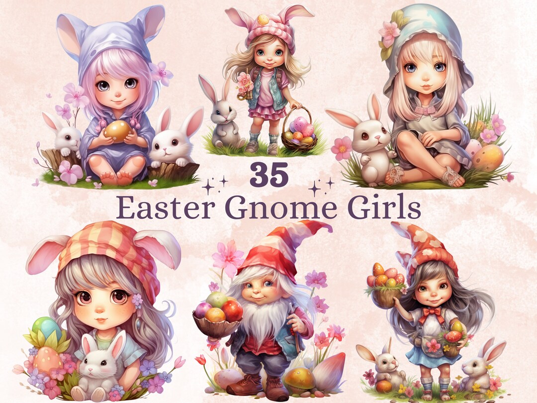 35 PNG Watercolor Easter Gnome Girls Clipart, Easter Garden Gnome Girl ...