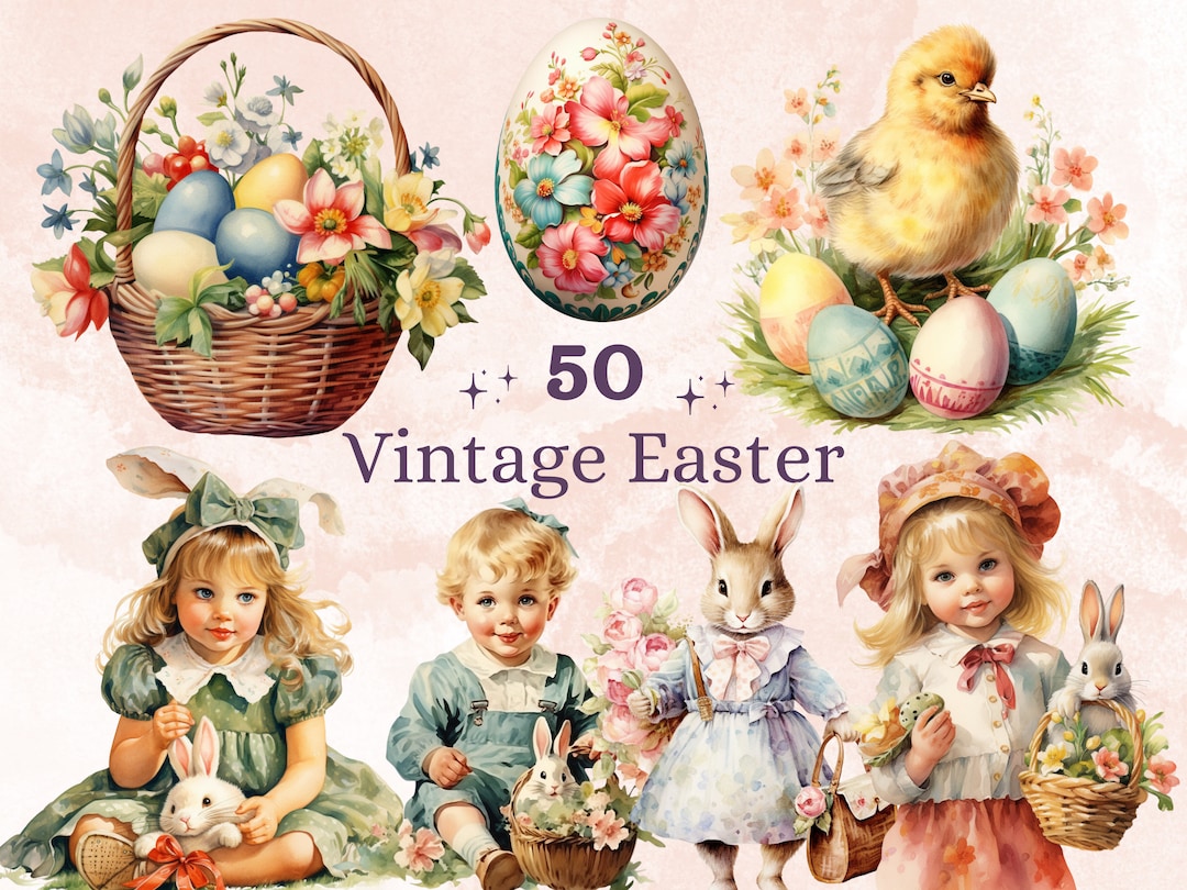 50 PNG Watercolor Vintage Easter Bundle Clipart, Retro Easter Egg ...