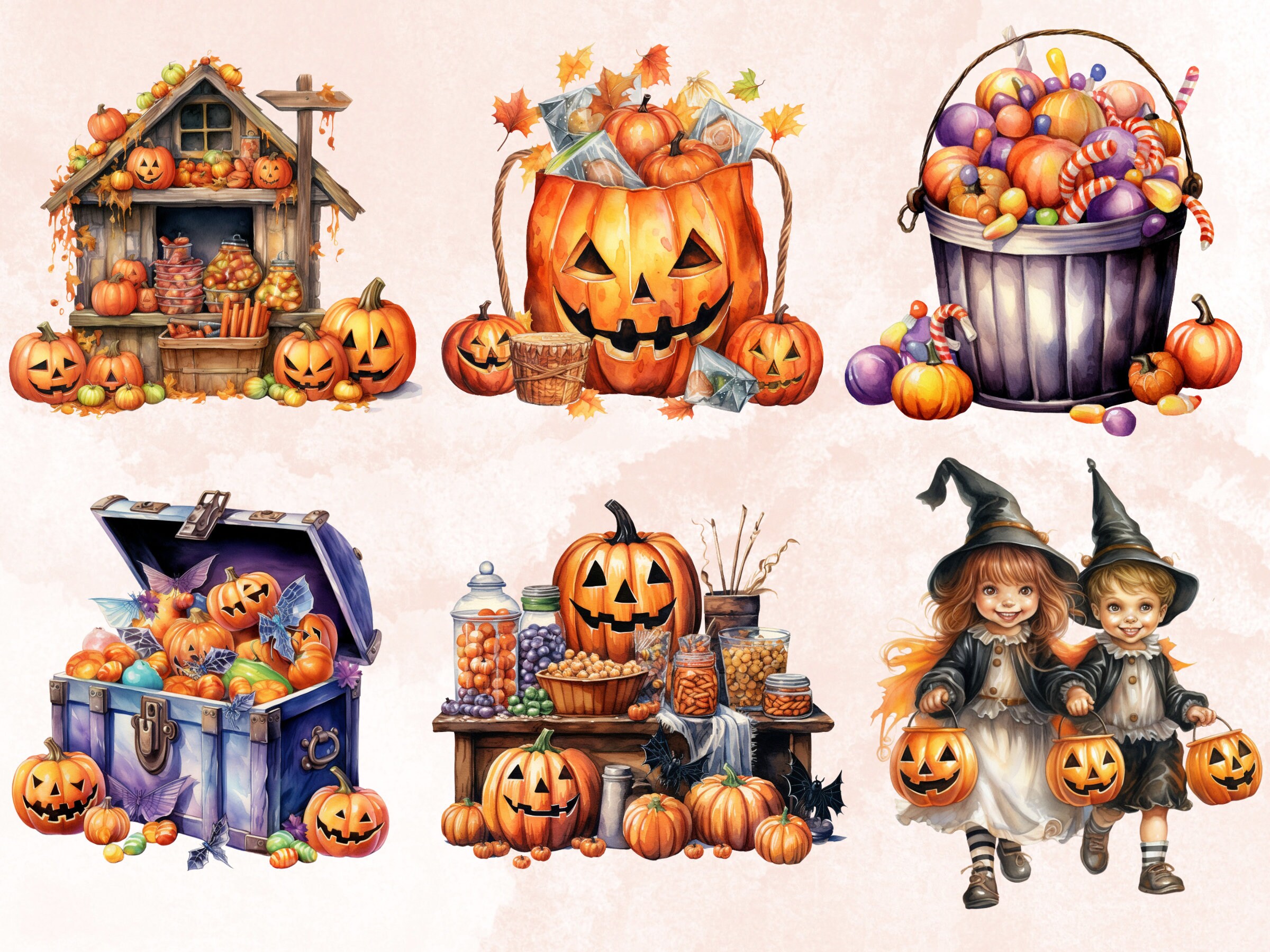 45 PNG Watercolor Trick or Treat Clipart, Vintage Halloween Kids ...