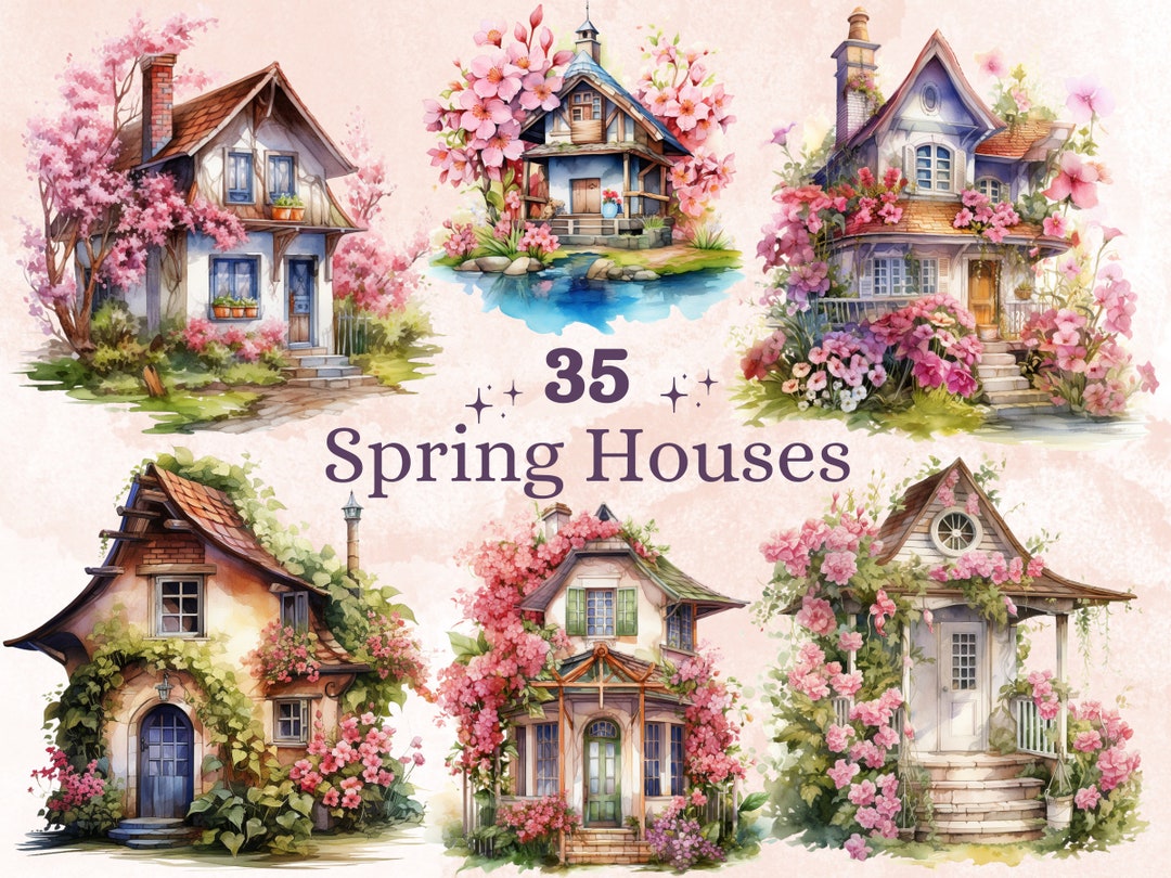 35 PNG Watercolor Spring Houses Clipart, Floral Spring House ...