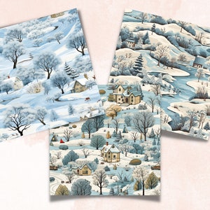 Seamless Winter Scenery Digital Paper Pack, Snowy Landscape Repeating ...