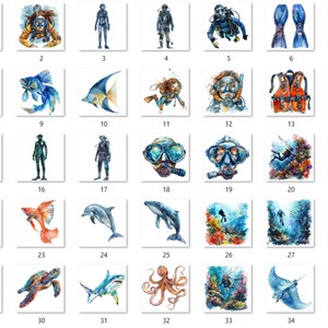 35 PNG Watercolor Scuba Diving Clipart, Cute Ocean Diver Clip Art, Sea ...