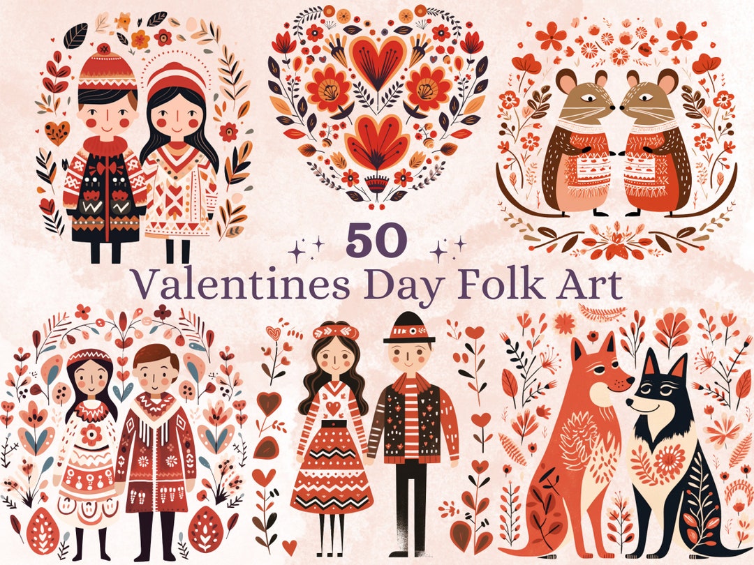 50 PNG Watercolor Valentine's Day Folk Art Clipart, Scandinavian ...