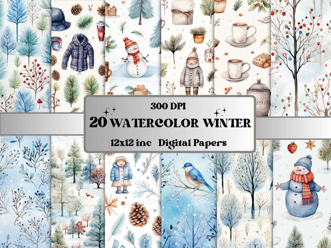 Printable Watercolor Winter Digital Paper, Winter Wonderland Ephemera ...