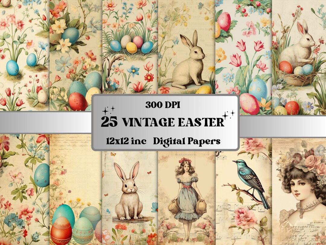 Printable Vintage Easter Digital Paper, Retro Ephemera Collage, Easter ...