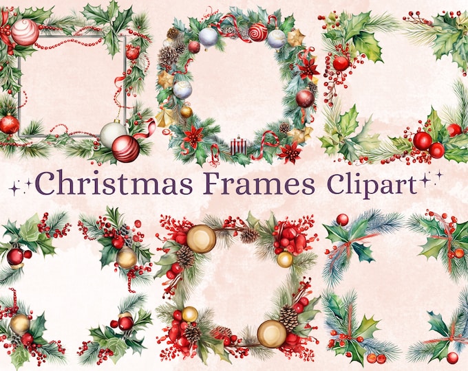 Watercolor Christmas Frame Border Clipart, Holiday Greenery Clipart ...