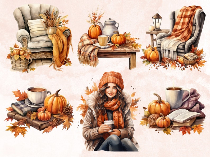 34 PNG Watercolor Cozy Fall Clipart, Cozy Autumn Reading Corner ...