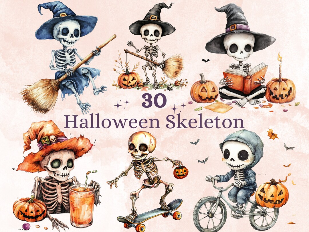 30 PNG Watercolor Cute Halloween Skeleton Clipart, Cute Creepy ...