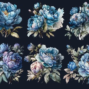 20 PNG Watercolor Blue Peonies Clipart, Blue & Navy Peony Clip Art ...
