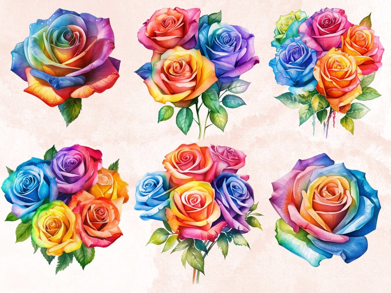 33 PNG Watercolor Rainbow Roses Clipart Bundle, Colorful Rose PNG Clip ...