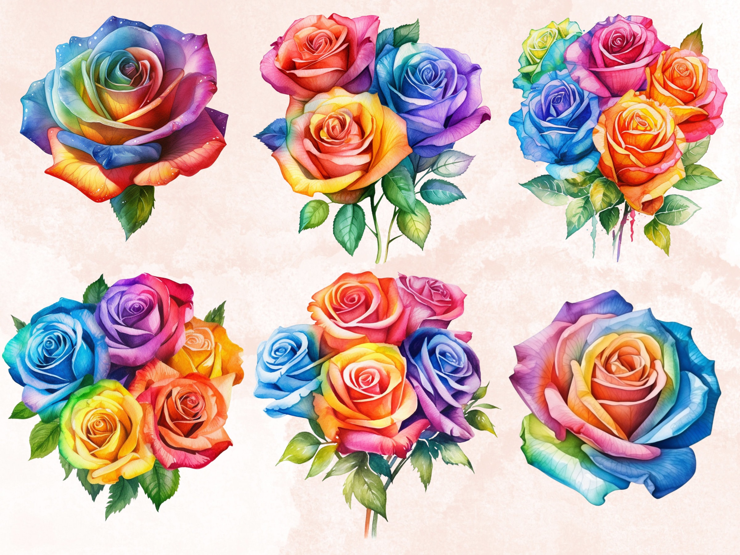 33 PNG Watercolor Rainbow Roses Clipart Bundle, Colorful Rose PNG Clip ...