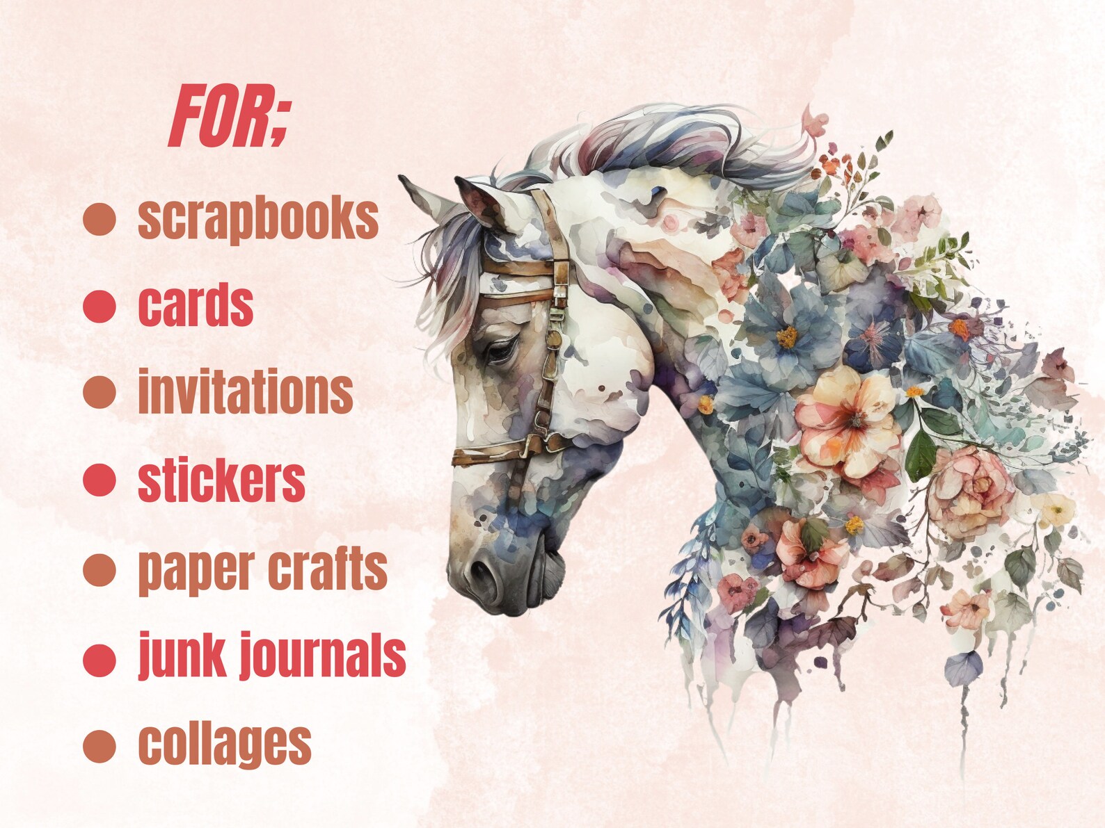 19 PNG Watercolor Floral Horse Clipart, Horse With Flowers PNG Bundle ...