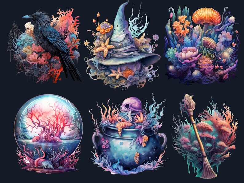 38 PNG Watercolor Underwater Witch Clipart Bundle, Under the Sea ...