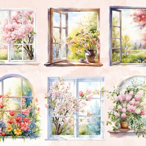 35 PNG Watercolor Spring Windows Clipart, Pink Floral Spring ...
