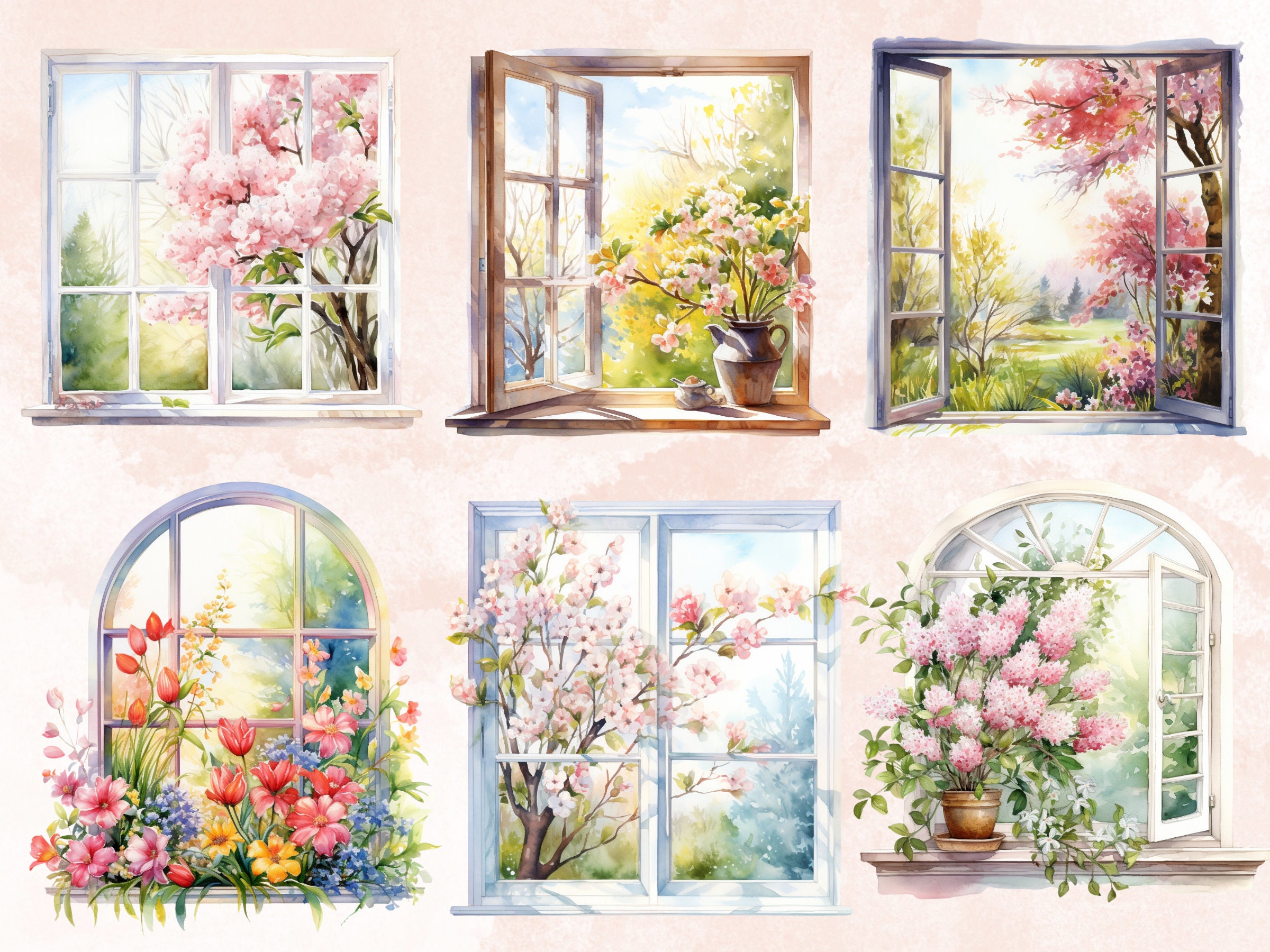 35 PNG Watercolor Spring Windows Clipart, Pink Floral Spring ...