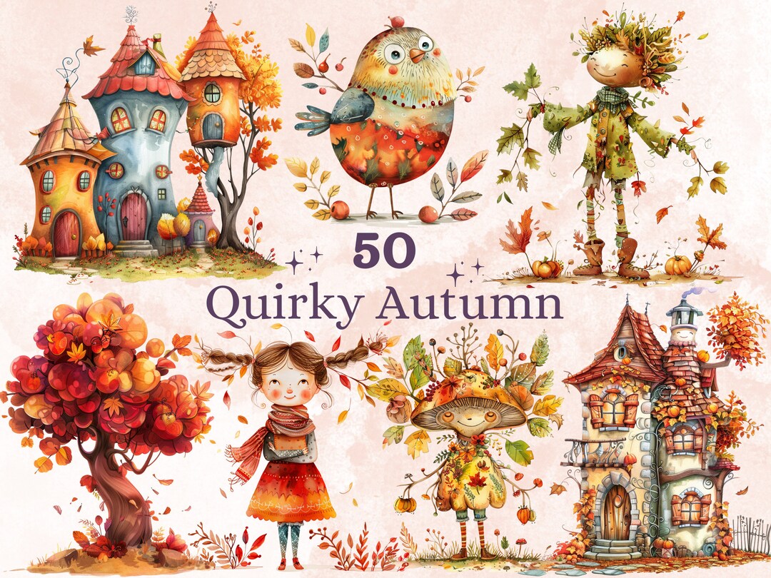50 PNG Watercolor Quirky Autumn Bundle Clipart, Whimsical Fall Girl ...